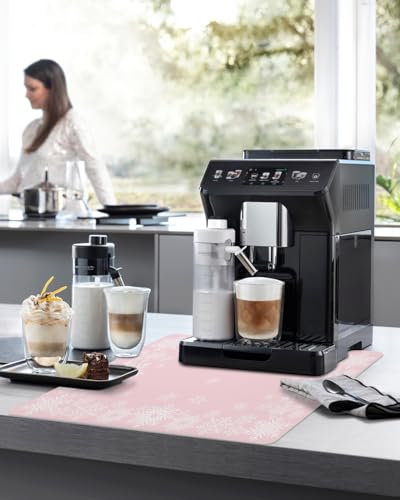 LaBLUUX Coffee Mat for Counter, Christmas Winter Snowflake Pink Absorbent Hide Stain Coffee Bar Mat, Non-Slip Coffee Bar Accessories Kitchen Drying Mat Fit Under Coffee Maker Espresso Machine