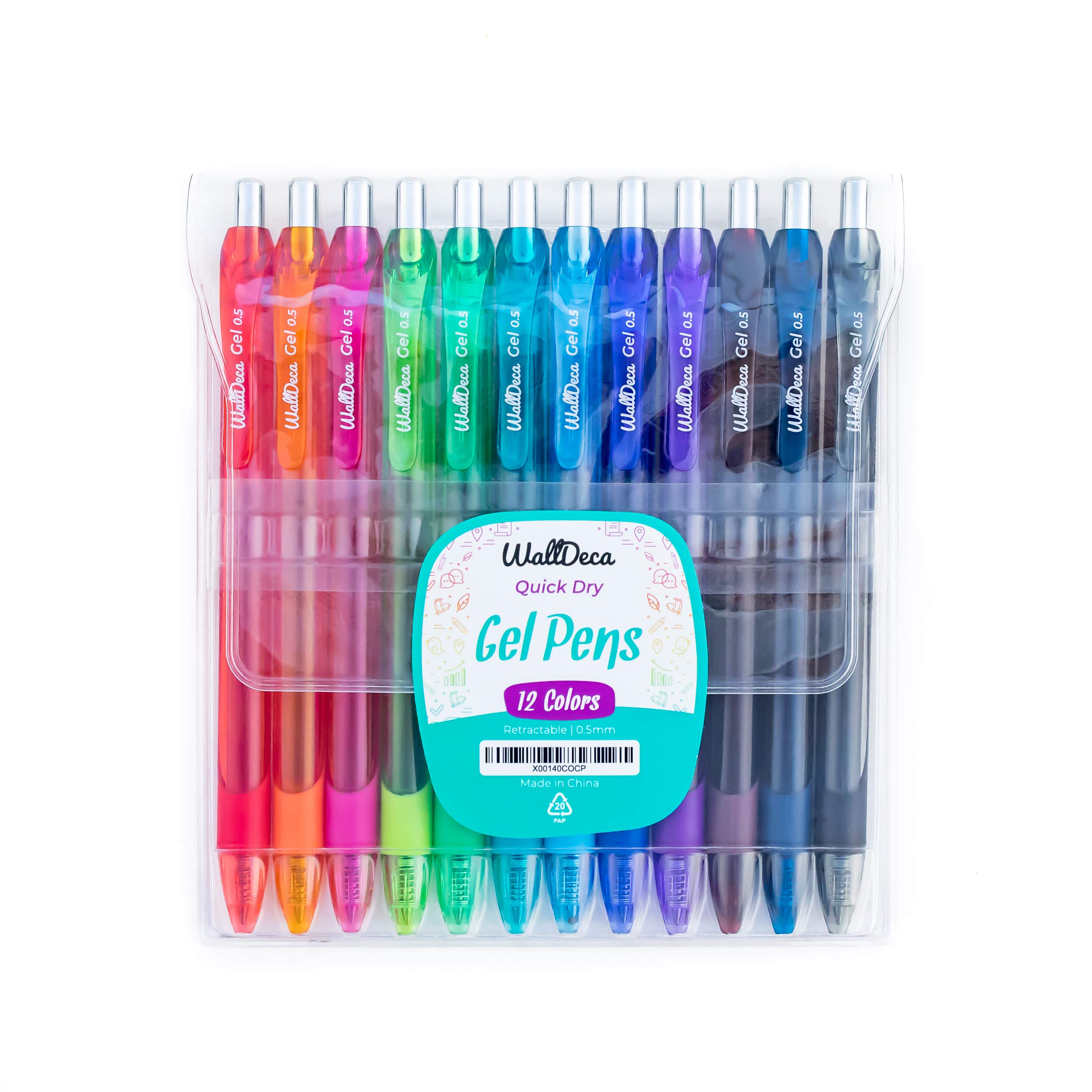 WallDeca Gel Pens | 12 Count, Fine Point Tip (0.5mm), Assorted Rainbow Colors, Retractable | Made for Everyday Writing, Journals, Notes and Doodling