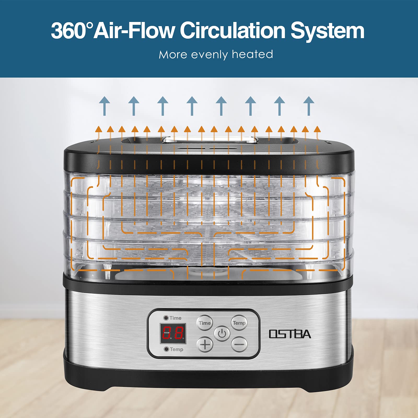 OSTBA Food Dehydrator Machine Adjustable Temperature & 72H Timer, 5-Tray Dehydrators for Food and Jerky, Fruit, Dog Treats, Herbs, Snacks, LED Display, 240W Electric Food Dryer, Recipe Book