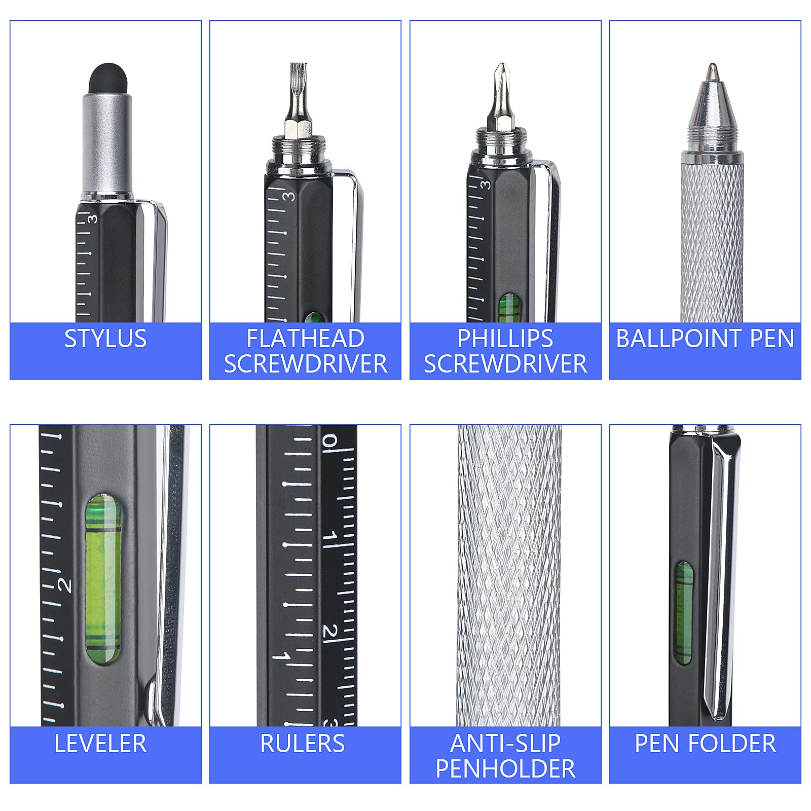 6 in 1 Multitool Pen Construction Tool,Stylus,Ruler,Screwdriver,Level, include 6 Refills,Stocking Stuffers for Men,Christmas Gifts for Men Dad, Including Gifts Box and bowknot