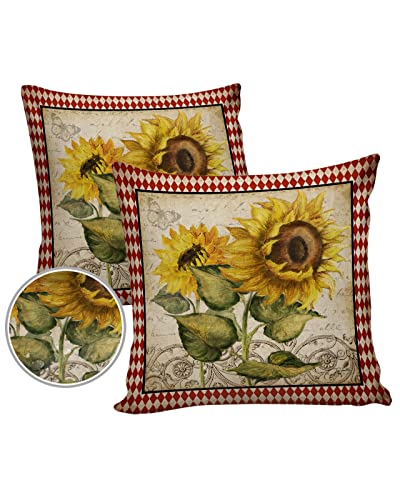 Outdoor Waterproof Throw Pillow Cover Vintage Sunflower Floral 2 Pack Square Pillow Cases Decorative Garden Cushion Cover for Patio Furniture Couch Sofa Bed Car,18x18 Inch