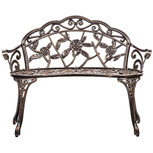 HGS Garden Bench Patio Benches Park Yard Outdoor Bench Furniture Cast Aluminum Rose Antique Metal Porch Path Bench Durable Lawn Bench, Bronze