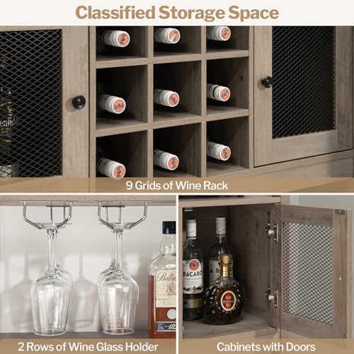 SICOTAS Coffee Bar Cabinet with Storage - Farmhouse Sideboard Buffet Cabinet Wine Cabinet with Wine Rack, Boho Liquor Cabinet for Home, Kitchen Cabinet with Mesh Doors for Dining Room, Oak