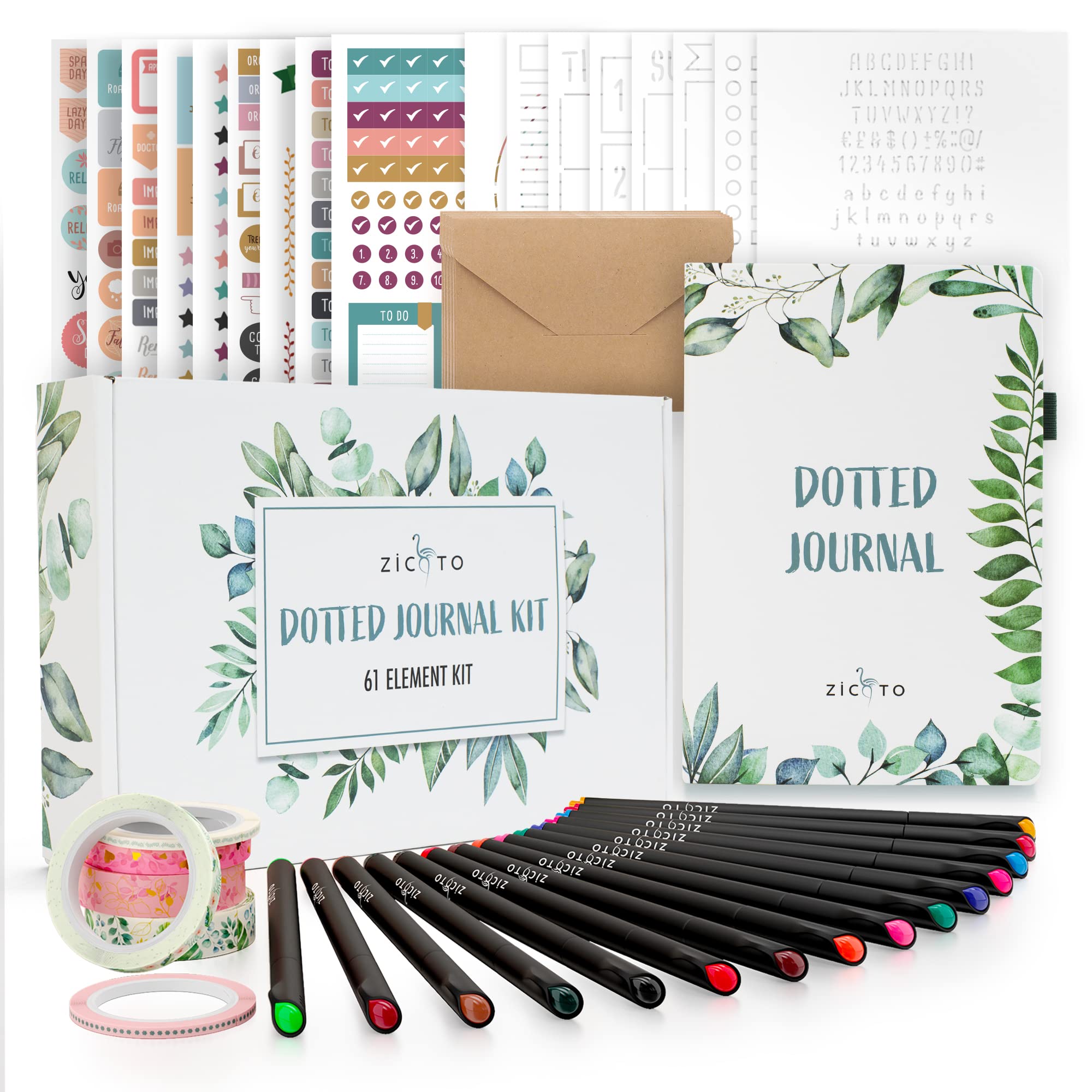 ZICOTO Ultimate All-in-One Journaling Kit - Incl. Dotted Journal, Stencils, Stickers, Pens, Washi Tapes, Small Envelopes and More Bullet Checklist Supplies