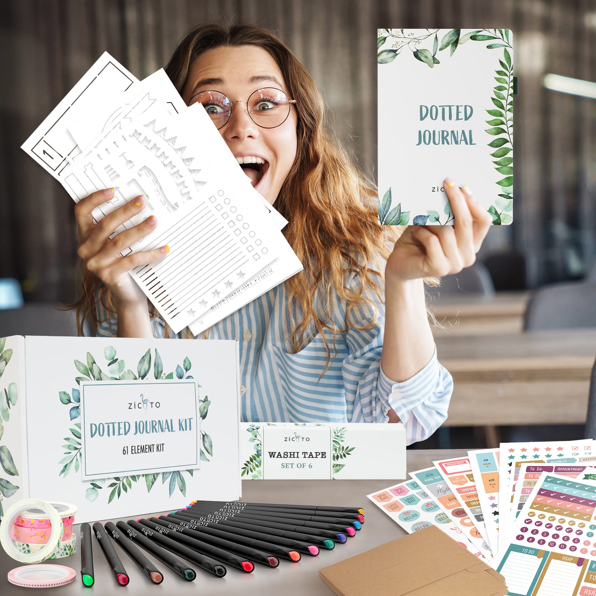 ZICOTO Ultimate All-in-One Journaling Kit - Incl. Dotted Journal, Stencils, Stickers, Pens, Washi Tapes, Small Envelopes and More Bullet Checklist Supplies