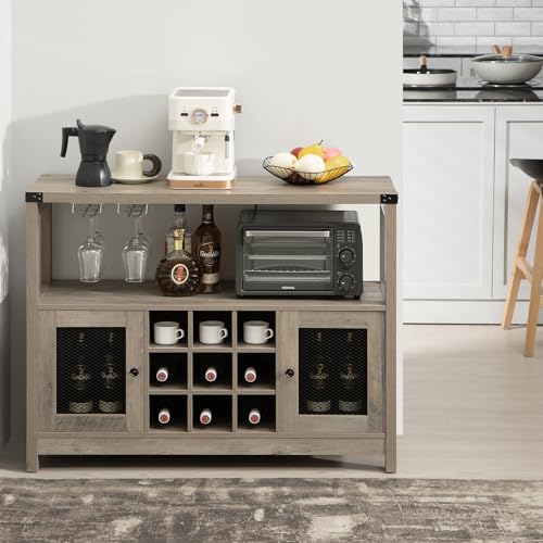 SICOTAS Coffee Bar Cabinet with Storage - Farmhouse Sideboard Buffet Cabinet Wine Cabinet with Wine Rack, Boho Liquor Cabinet for Home, Kitchen Cabinet with Mesh Doors for Dining Room, Oak
