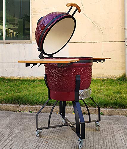 RJMOLU 21" Big BBQ Grill, Smoker, Roaster and Grill with 2 Foldable Wooden Side Shelves, Multifunctional Ceramic Barbecue Grill for Picnic Garden Terrace Camping Travel
