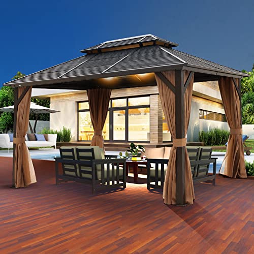 NOBLEMOOD 10’ x 13’ Hardtop Gazebo with Curtains and Netting, Double Roof Outdoor Gazebo with Canopy, Aluminum Frame Permanent Gazebo for Patio Garden