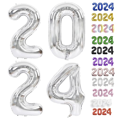 Puideon 2024 Balloons Silver,Large 2024 Foil Number Balloons 40 Inch,Mylar New Years Balloons 2024,2024 Graduation Balloons,Big Balloons for New Year Eve Party Supplies,Graduation Decorations 2024