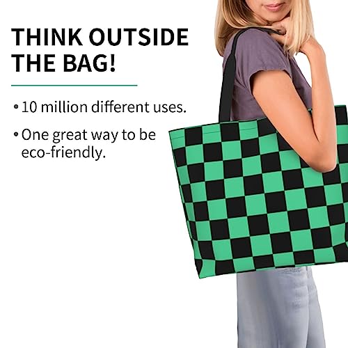 TWKGBUAD Classic Green and Black Plaid Print Reusable Shoulder Shopping Bag - Large Capacity Tote Bag with Inner Pocket for Women Men