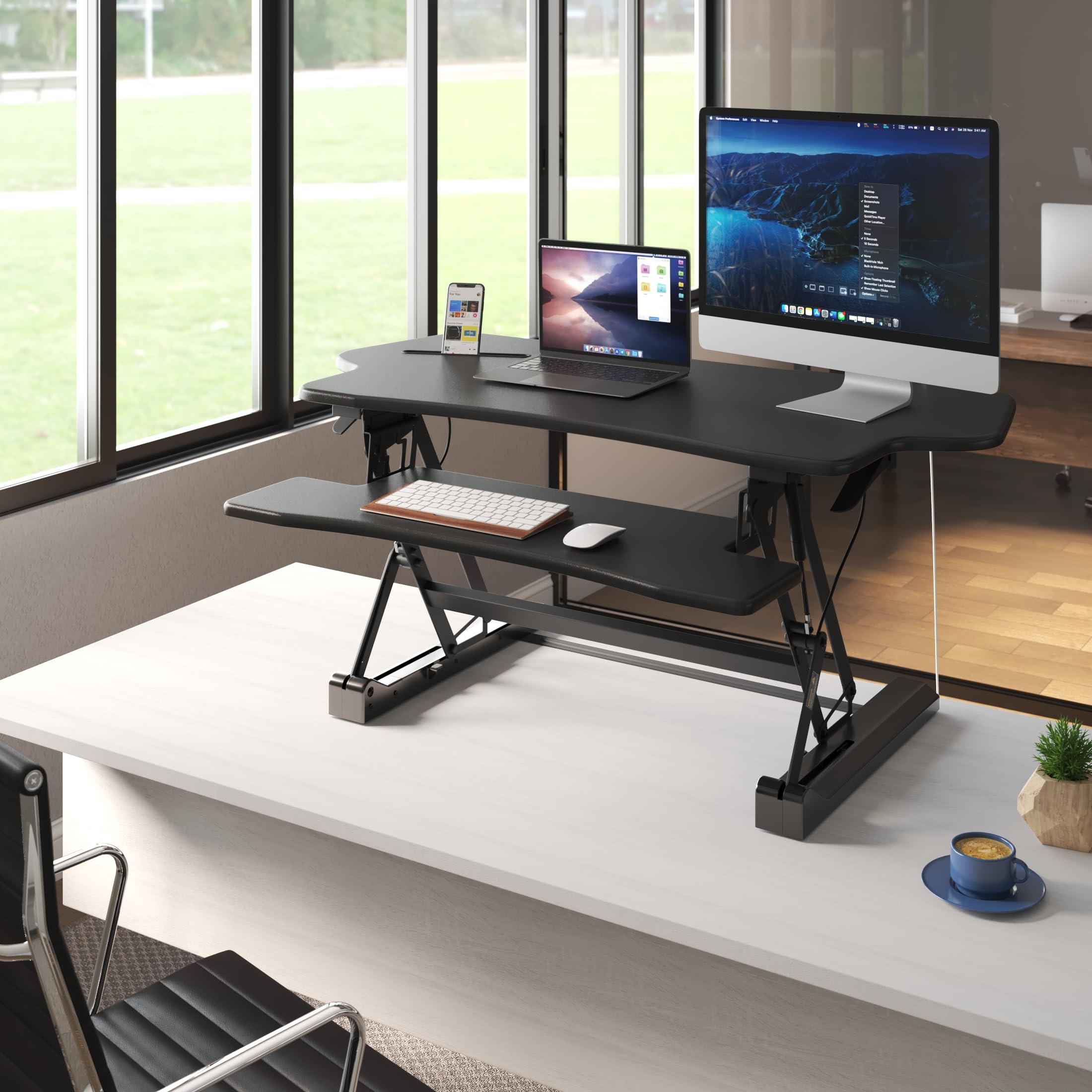 Mount-It! Height Adjustable Standing Desk Converter | 48” Wide Tabletop Sit Stand Desk Riser with Gas Spring | Stand Up Computer Workstation Fits Dual Monitors | Black | MI-7925