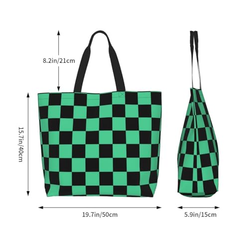 TWKGBUAD Classic Green and Black Plaid Print Reusable Shoulder Shopping Bag - Large Capacity Tote Bag with Inner Pocket for Women Men