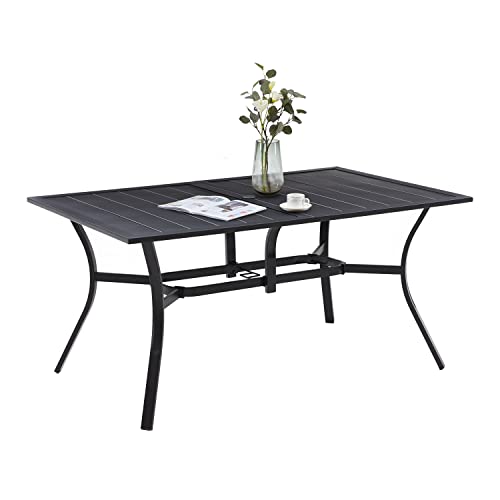 VICLLAX Outdoor Patio Table for 6 Person, 59" x 38" Rectangle Outdoor Dining Table, Patio Metal Steel Slat Table with Umbrella Hole for Lawn Garden