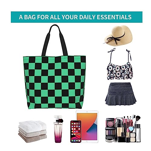 TWKGBUAD Classic Green and Black Plaid Print Reusable Shoulder Shopping Bag - Large Capacity Tote Bag with Inner Pocket for Women Men