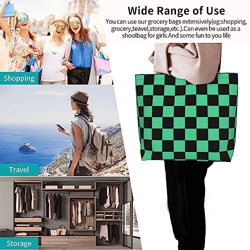 TWKGBUAD Classic Green and Black Plaid Print Reusable Shoulder Shopping Bag - Large Capacity Tote Bag with Inner Pocket for Women Men