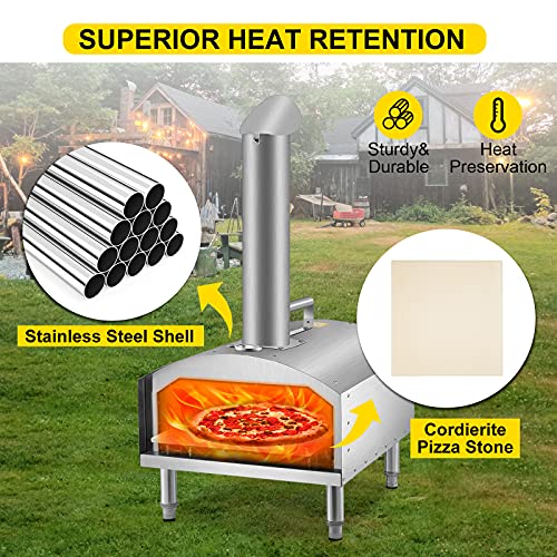 VEVOR Wood Fired Oven 12",Outdoor Pizza Oven with Foldable Legs,Stainless Steel Pizza Maker 932β Max Temperature,Wood Pellets Burning Pizza Oven with Accessories for Outside,Garden,Courtyard Cooking.