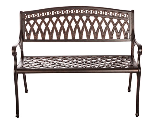 Patio Sense 62441 Simone Cast Aluminum Patio Bench Heavy Duty Rust Free Metal Construction Front Porch, Backyard, Lawn, Garden, Pool, Deck, Outdoors - Antique Bronze Finish