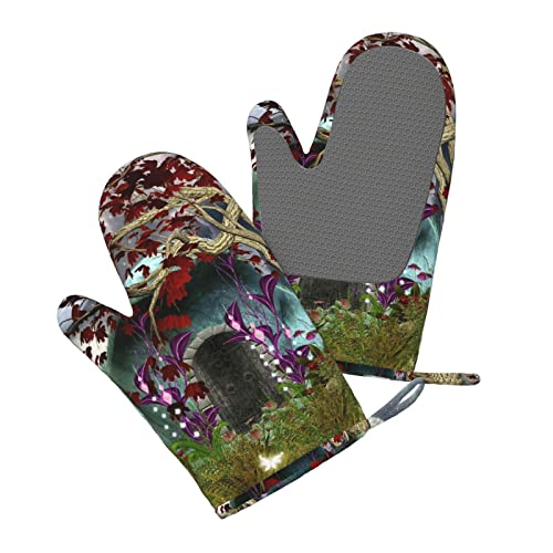Gothic Fairy Garden Silicone Insulated and Scald Resistant Gloves Kitchen Baking Oven Gloves Thickened Lining Oven Gloves Cooking Gloves