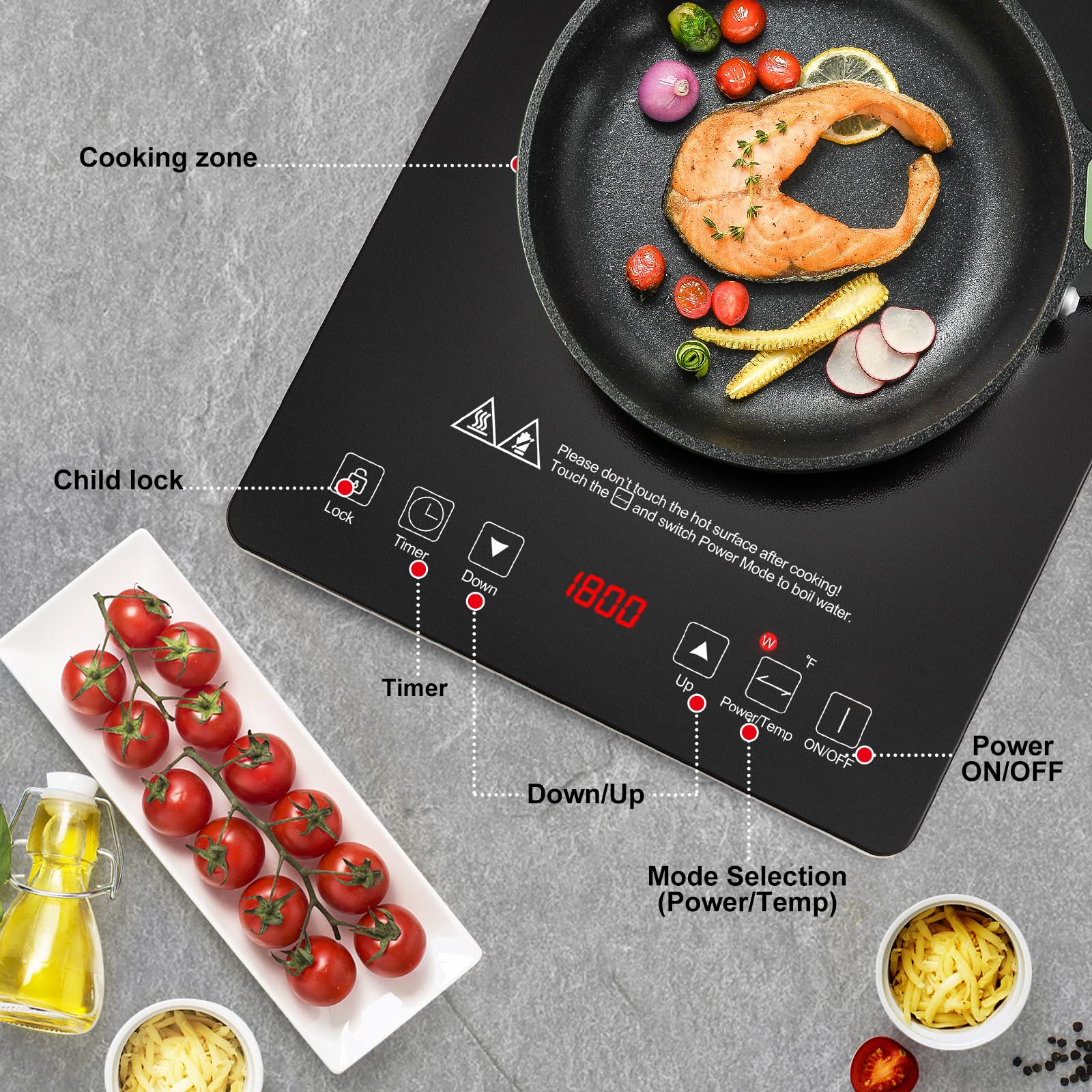 Portable Induction Cooktop AMZCHEF Induction Burner Cooker With Ultra Thin Body, Low Noise Hot Plate With 1800W Sensor Touch Single Electric Cooktops Countertop Stove With 8 Temperature & Power Levels, 3-hour Timer, Safety Lock