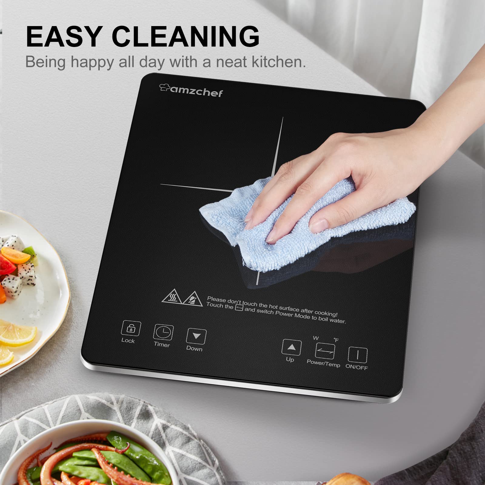 Portable Induction Cooktop AMZCHEF Induction Burner Cooker With Ultra Thin Body, Low Noise Hot Plate With 1800W Sensor Touch Single Electric Cooktops Countertop Stove With 8 Temperature & Power Levels, 3-hour Timer, Safety Lock