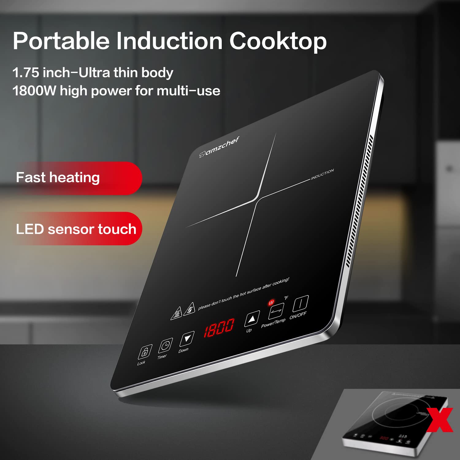 Portable Induction Cooktop AMZCHEF Induction Burner Cooker With Ultra Thin Body, Low Noise Hot Plate With 1800W Sensor Touch Single Electric Cooktops Countertop Stove With 8 Temperature & Power Levels, 3-hour Timer, Safety Lock