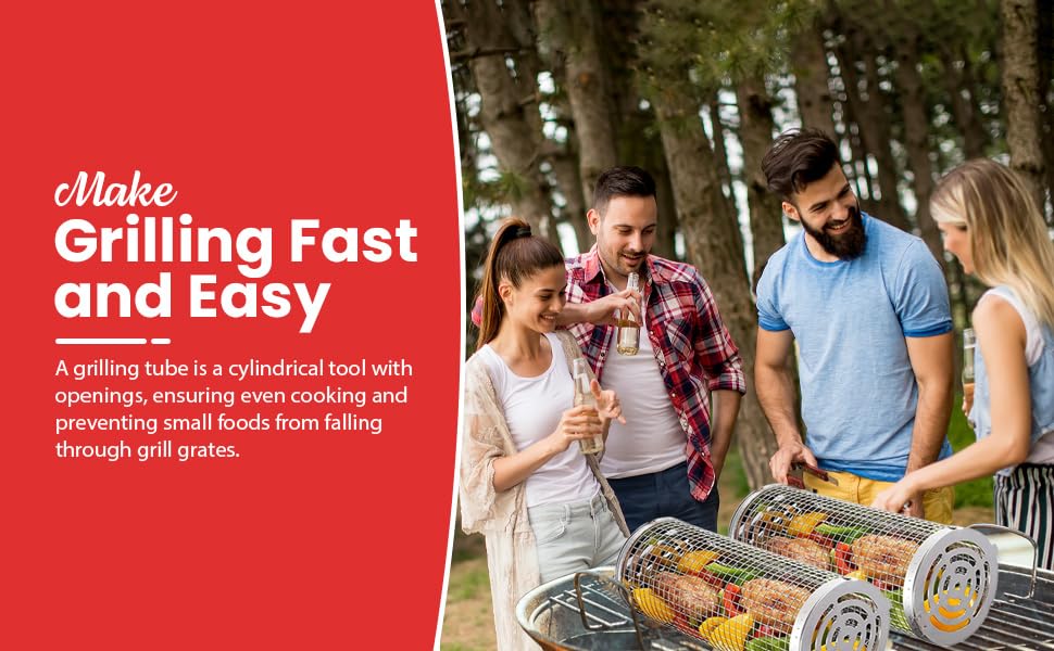 Rolling Grill Basket Stainless Steel, Barbeque Grill Basket with Removable Mesh Cover ,BBQ Accessories, Grill Baskets For Outdoor Grill, Great Rolling Grilling Basket, for Camping/Picnic, Vegetable Grill Basket, French Fries ,Fish, Chicken And Much More!