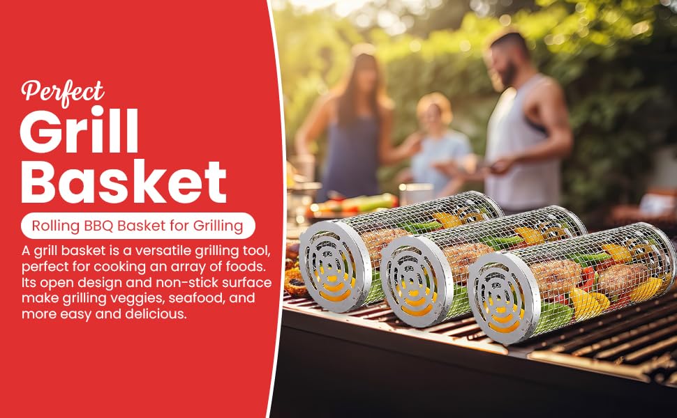 Rolling Grill Basket Stainless Steel, Barbeque Grill Basket with Removable Mesh Cover ,BBQ Accessories, Grill Baskets For Outdoor Grill, Great Rolling Grilling Basket, for Camping/Picnic, Vegetable Grill Basket, French Fries ,Fish, Chicken And Much More!