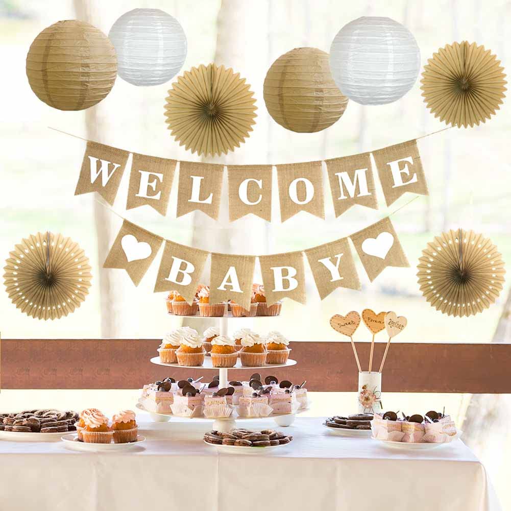 ANSOMO Rustic Paper Party Decorations for Bridal Baby Shower Birthday Wedding, Pom Poms Paper Fans Lanterns, White and Tan