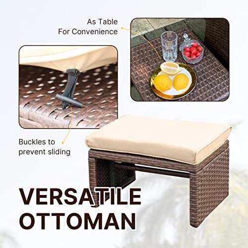 OC Orange-Casual 5 Pcs Patio Conversation Set Balcony Furniture Set with Beige Cushions, Brown Wicker Chair with Ottoman, Storage Table for Backyard, Garden, Porch
