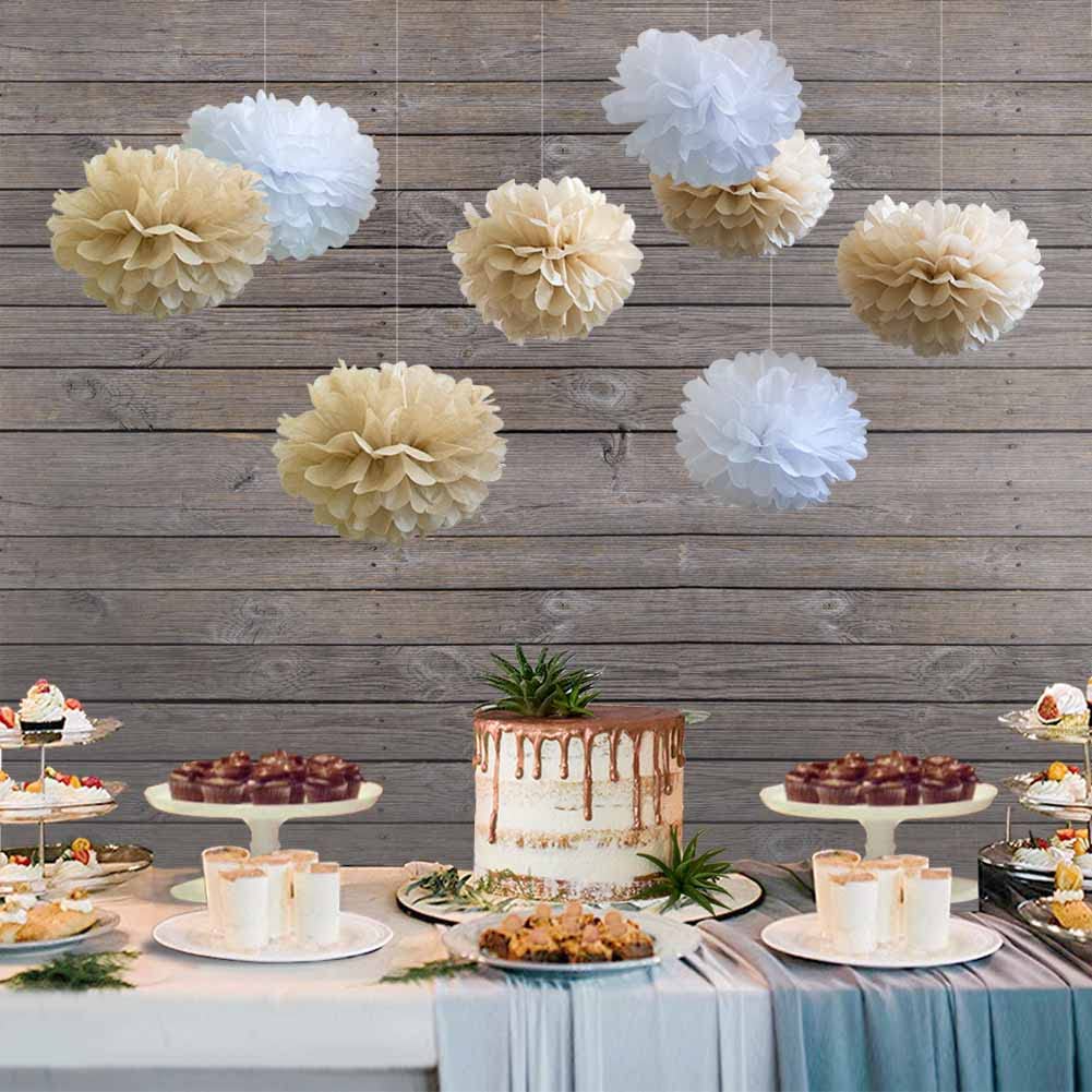 ANSOMO Rustic Paper Party Decorations for Bridal Baby Shower Birthday Wedding, Pom Poms Paper Fans Lanterns, White and Tan