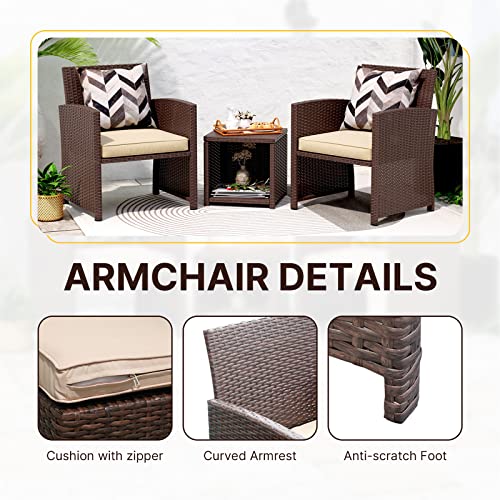 OC Orange-Casual 5 Pcs Patio Conversation Set Balcony Furniture Set with Beige Cushions, Brown Wicker Chair with Ottoman, Storage Table for Backyard, Garden, Porch