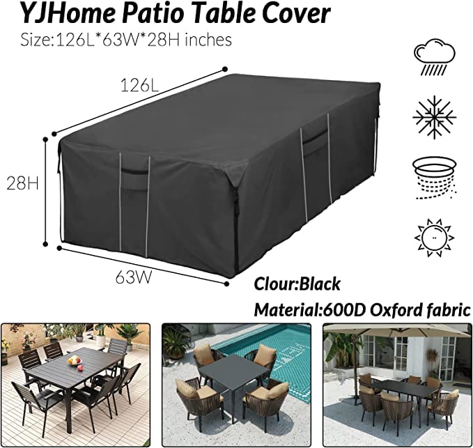 YJHome Outdoor Table Covers Waterproof Rectangle Patio Furniture Covers, Outdoor Table and Chair Set Covers, Heavy Duty Sectional Sofa Set Covers UV Resistant Large (Rectangular 126L x 63W x 28H)
