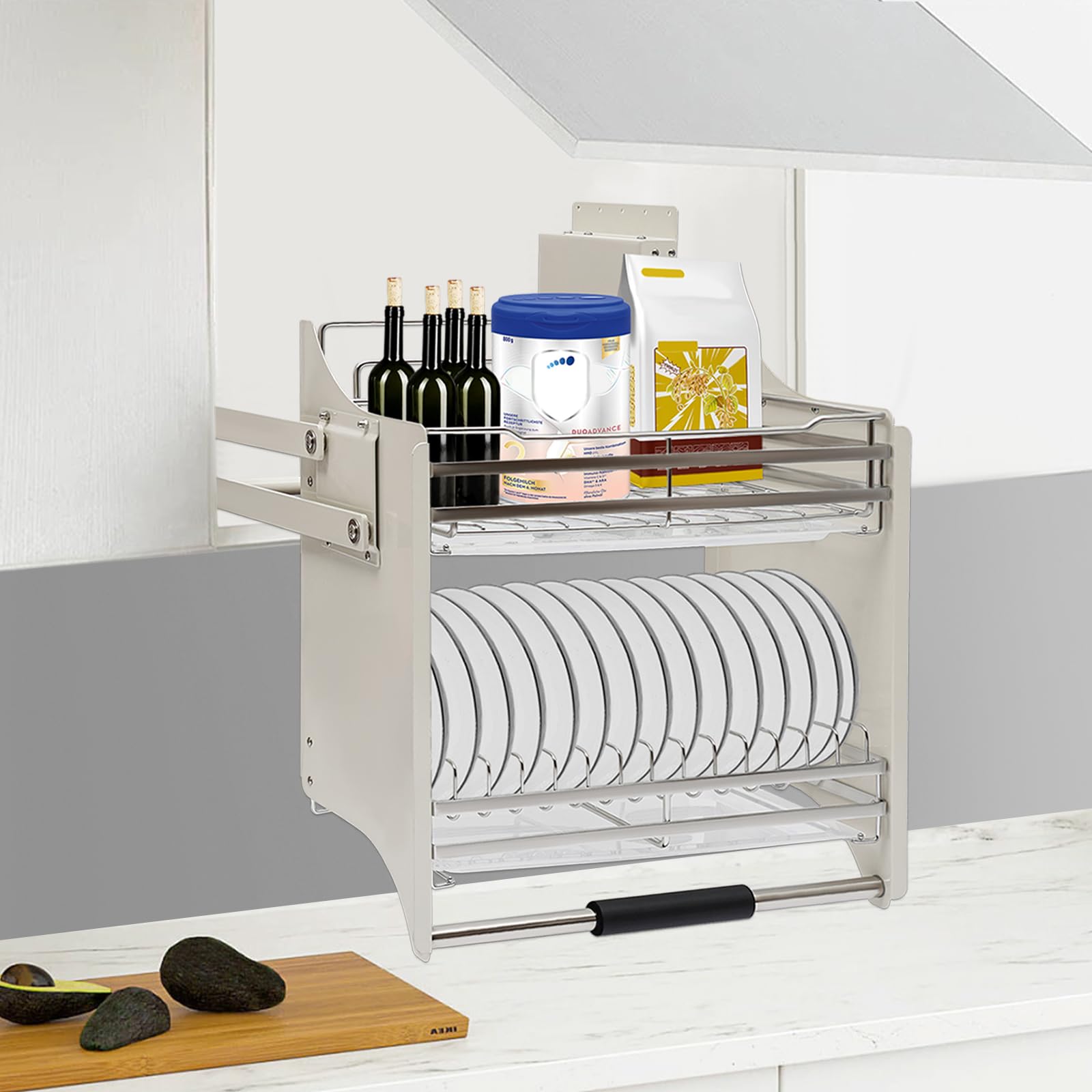 CheriMuMu Cabinet Organizer, 2 Tier Pull-Out Cabinet Organizer Spice and Dishes Pull Out Cabinet Storage Shelf Pull Down Heavy Duty Shelf Organizer, Wall Mounted Pantry Storage Shelf for Kitchen