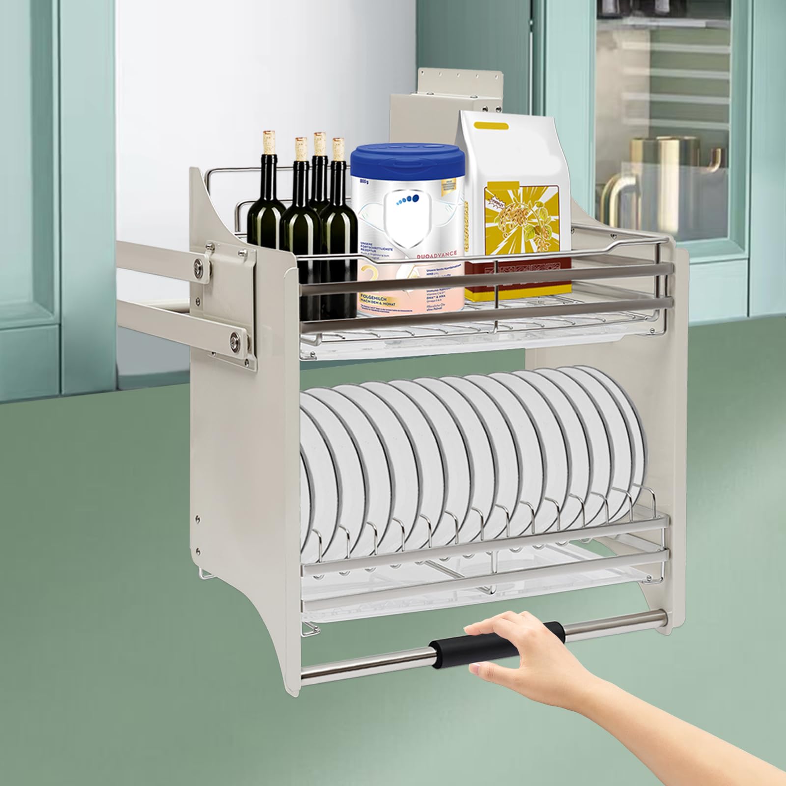 CheriMuMu Cabinet Organizer, 2 Tier Pull-Out Cabinet Organizer Spice and Dishes Pull Out Cabinet Storage Shelf Pull Down Heavy Duty Shelf Organizer, Wall Mounted Pantry Storage Shelf for Kitchen