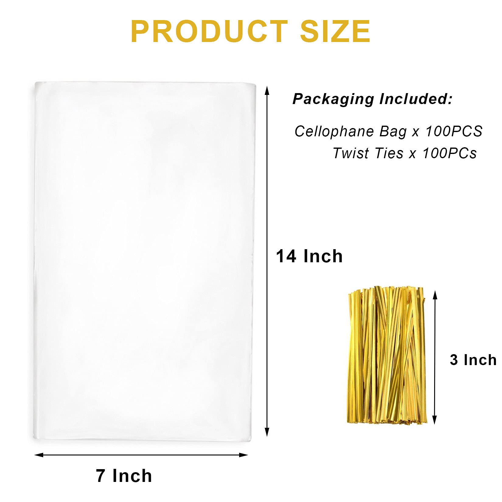 Yotelab Cellophane Bags, 7" x14" Clear Cellophane Treat Bags With Twist Ties, Cello Bags 100 PCS
