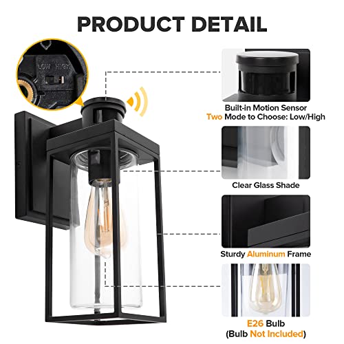 LUTEC Motion Sensor Outdoor Wall Light, Dusk to Dawn Exerior Wall Sconce, Aluminum Anti-Rust Wall Lantern with Clear Glass, Waterproof Wall Mount Fixtures for Porch, Patio, Garden-Black