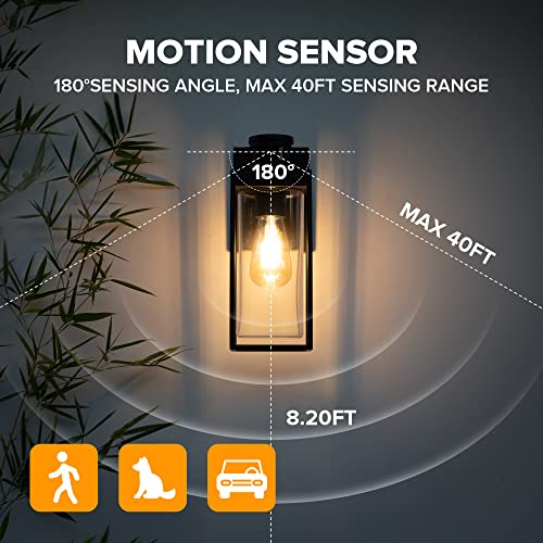 LUTEC Motion Sensor Outdoor Wall Light, Dusk to Dawn Exerior Wall Sconce, Aluminum Anti-Rust Wall Lantern with Clear Glass, Waterproof Wall Mount Fixtures for Porch, Patio, Garden-Black