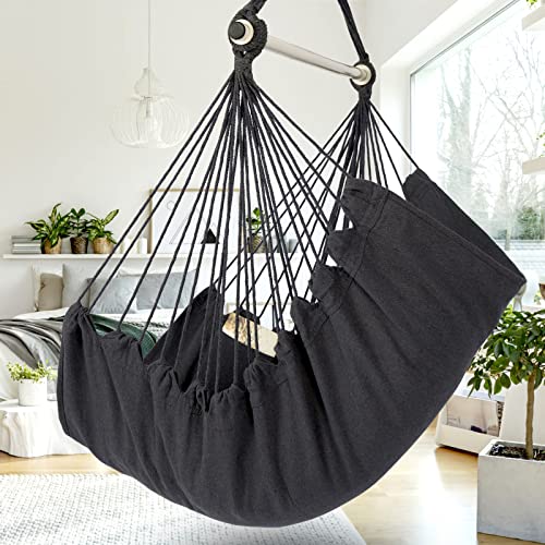 Y- Stop Hammock Chair Hanging Rope Swing, Max 500 Lbs, 2 Seat Cushions Included, Quality Cotton Weave for Superior Comfort, Durability with Hardware kit (Dark Grey)