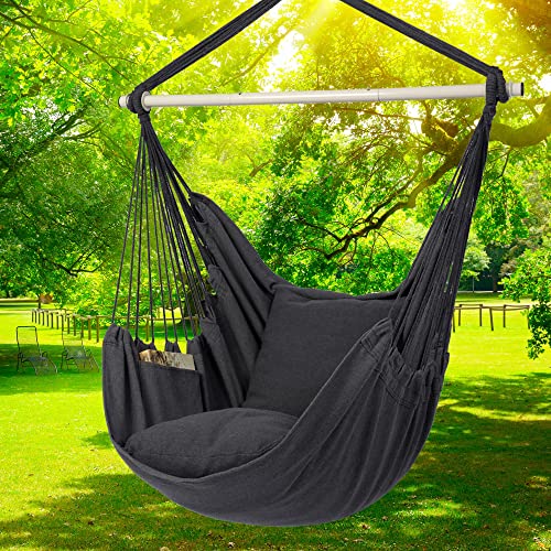 Y- Stop Hammock Chair Hanging Rope Swing, Max 500 Lbs, 2 Seat Cushions Included, Quality Cotton Weave for Superior Comfort, Durability with Hardware kit (Dark Grey)