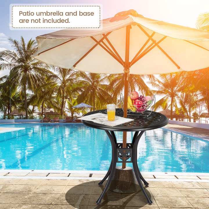 IDEALHOUSE Patio Bistro Table, Cast Aluminum Round Outdoor Table, Bistro Table with Umbrella Hole, for Poolside, Deck, Porch, Backyard, Garden, Balcony, Dia 30.25" x H 29.5", Black