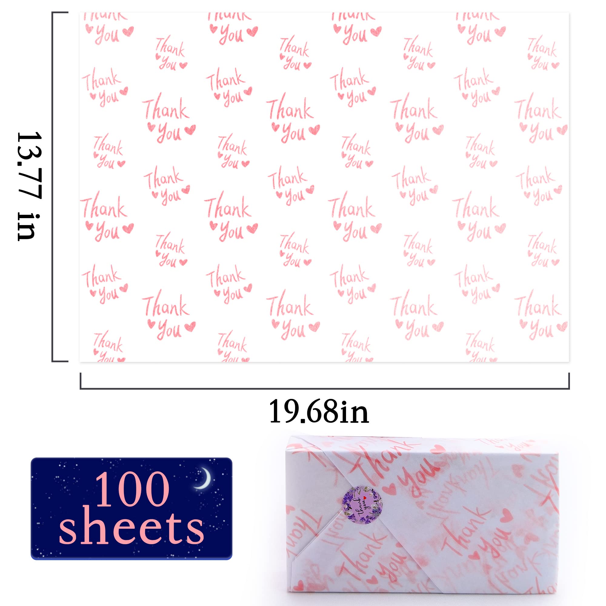 MR FIVE 100 Sheets White with Pink Thank You Tissue Paper Bulk,20" x 14",Pink Thank You Tissue Paper for Packaging,Gift Bags,Pink Tissue for Small Business