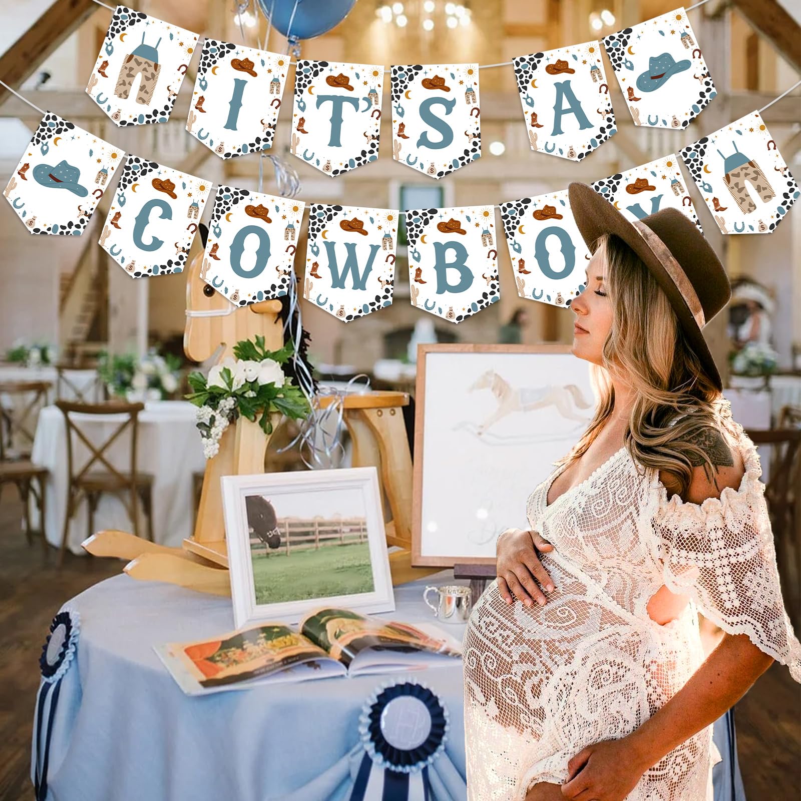 JOYMEMO It's A Cowboy Banner, Blue Cowboy Baby Shower Decorations for Boy, Western Little Cowboy Theme Decor Party Supplies