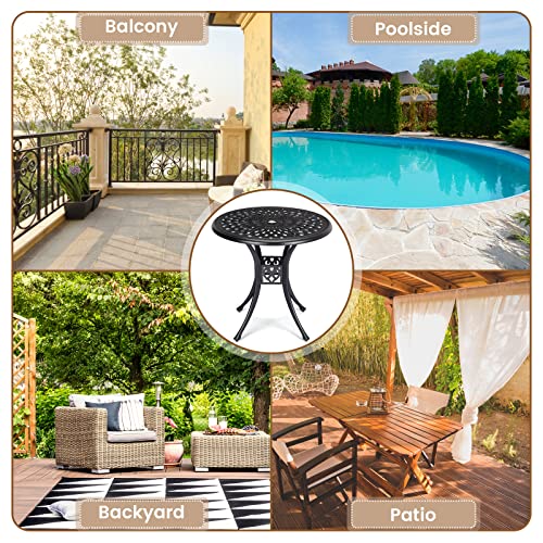IDEALHOUSE Patio Bistro Table, Cast Aluminum Round Outdoor Table, Bistro Table with Umbrella Hole, for Poolside, Deck, Porch, Backyard, Garden, Balcony, Dia 30.25" x H 29.5", Black