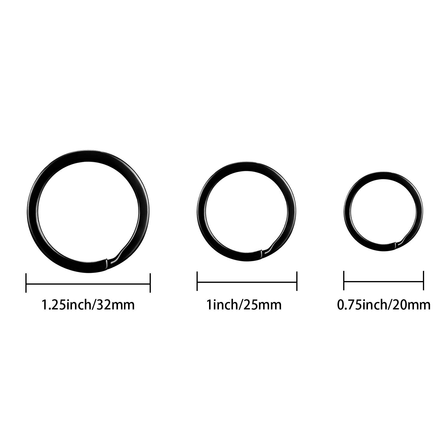 Round Flat Key Rings Key Chain Small Metal Split Ring for Home Car Keys Organization, 30 Pieces (Black, 3/4 Inch, 1 Inch and 1.25 Inch)