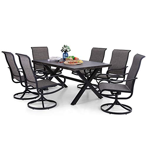 PHI VILLA 7 Pcs Outdoor Patio Dining Set, 6 Metal Chair with Textilene Fabric and 1 Wood Like Metal Dining Table, All Weather Resistant, Clearance for Lawn Garden