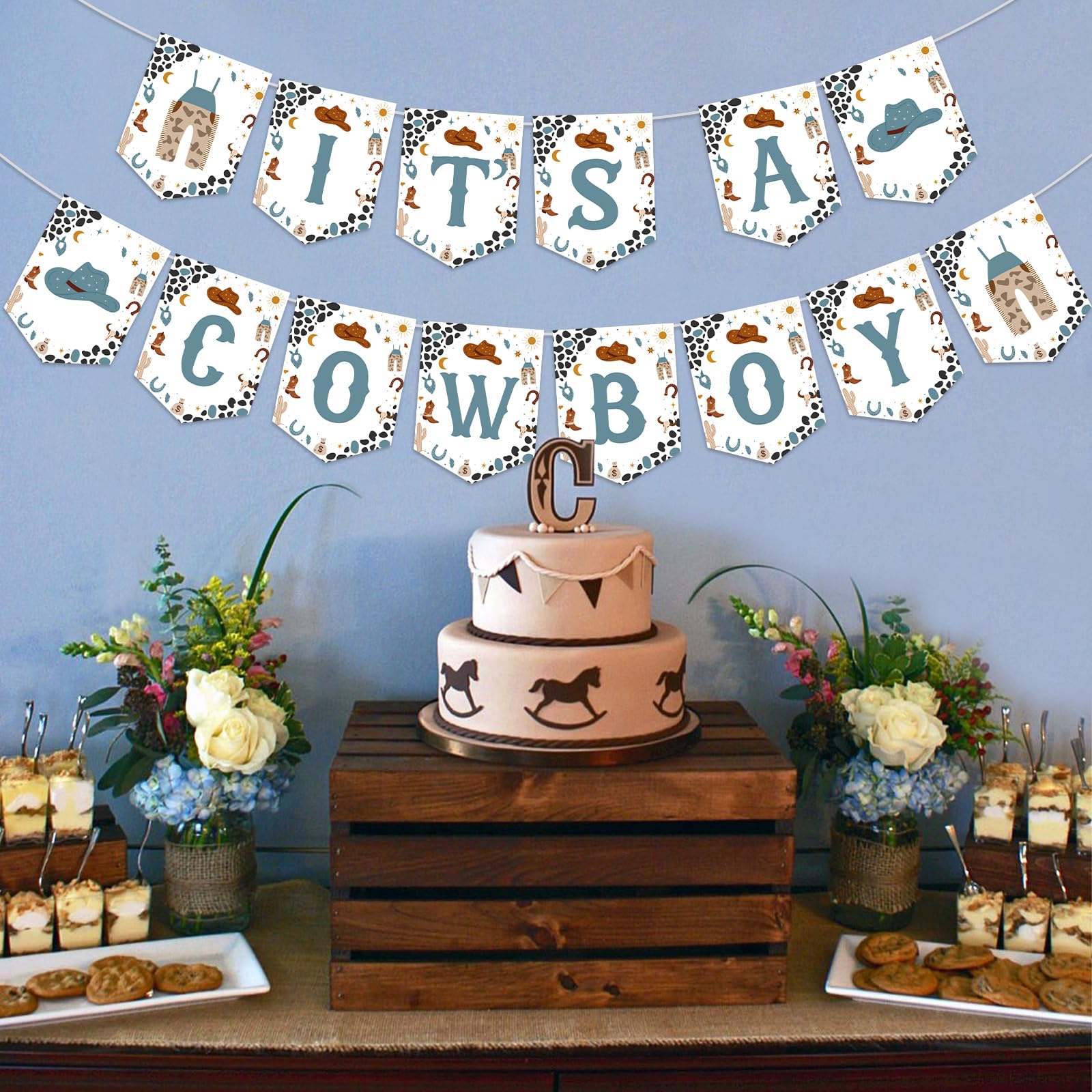 JOYMEMO It's A Cowboy Banner, Blue Cowboy Baby Shower Decorations for Boy, Western Little Cowboy Theme Decor Party Supplies