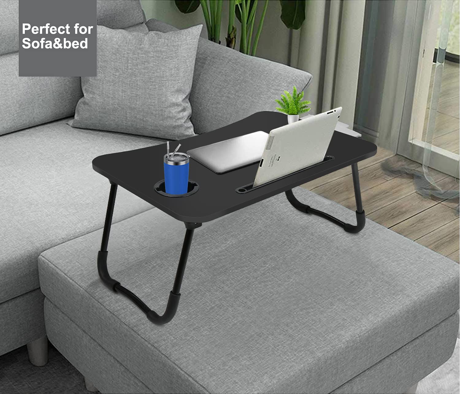 Fayquaze Laptop Bed Table, Portable Foldable Laptop Bed Desk with Storage Drawer and Cup Holder, Lap Desk Laptop Stand Tray Table Floor Table Serving Tray for Eating, Reading and Working