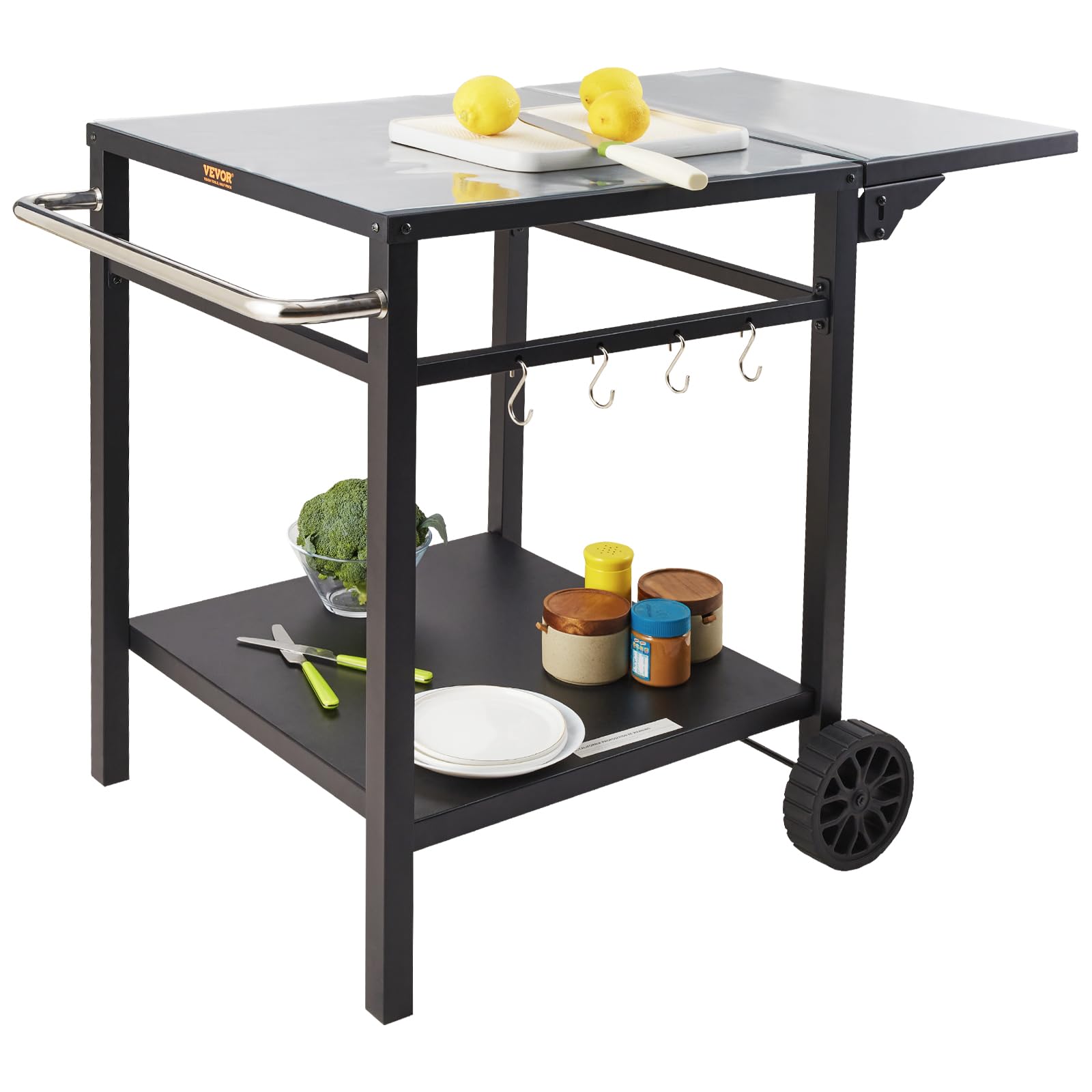 VEVOR Outdoor Grill Dining Cart with Double-Shelf, BBQ Movable Food Prep Table, Multifunctional Foldable Iron Table Top, Portable Modular Carts for Pizza Oven, Worktable with 2 Wheels, Carry Handle