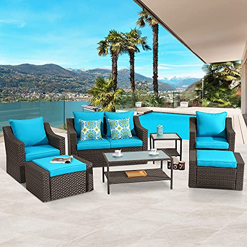May in Color 7 Pieces Outdoor Patio Furniture Set, Wicker Conversation Set with Ottomans Cushions, Sectional Lounge Chair Sofa with Coffee Table, for Porch Deck Poolside Garden Balcony Backyard, Blue