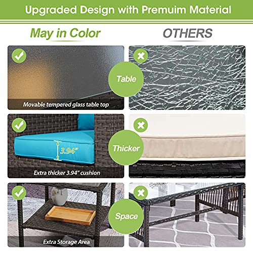 May in Color 7 Pieces Outdoor Patio Furniture Set, Wicker Conversation Set with Ottomans Cushions, Sectional Lounge Chair Sofa with Coffee Table, for Porch Deck Poolside Garden Balcony Backyard, Blue